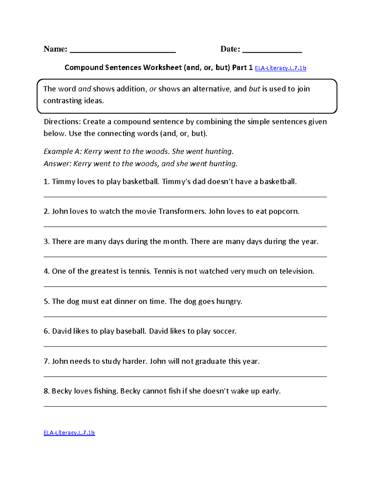 Compound Sentences Worksheet (and, or, but) Part 1 - ELA 7 - Studocu