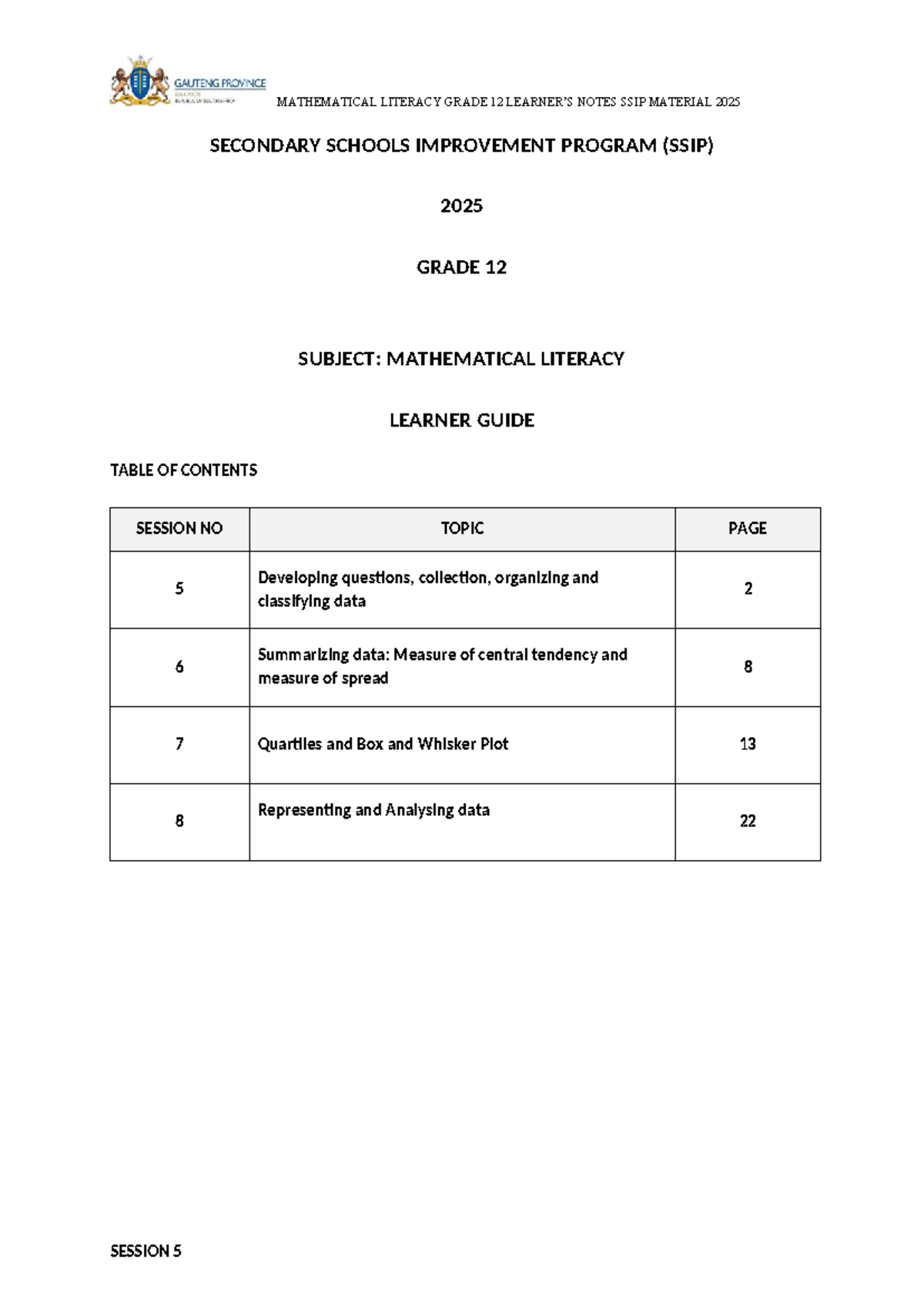 MATH LIT GRADE 12 NOTES SSIP MATERIAL 2025: DATA HANDLING & ANALYSIS ...