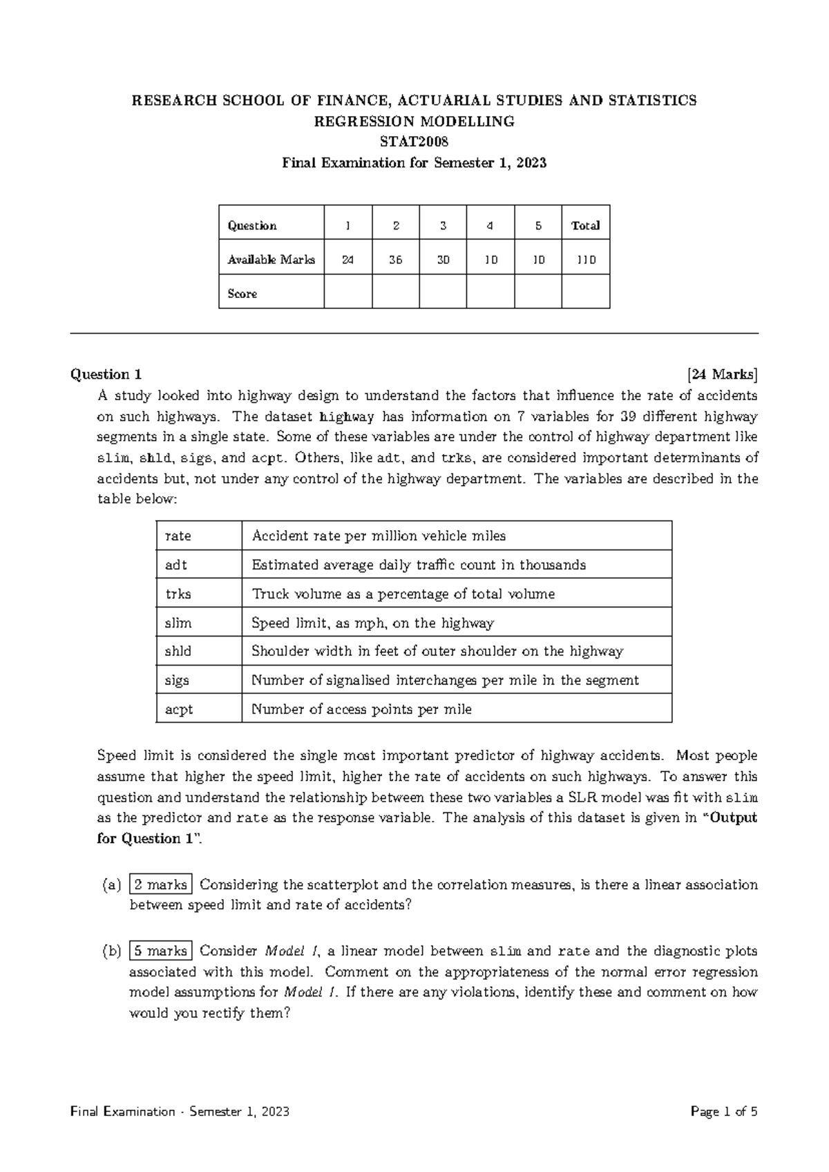 Final Exam Questions for Regression Modelling STAT2008 - Semester 1 ...