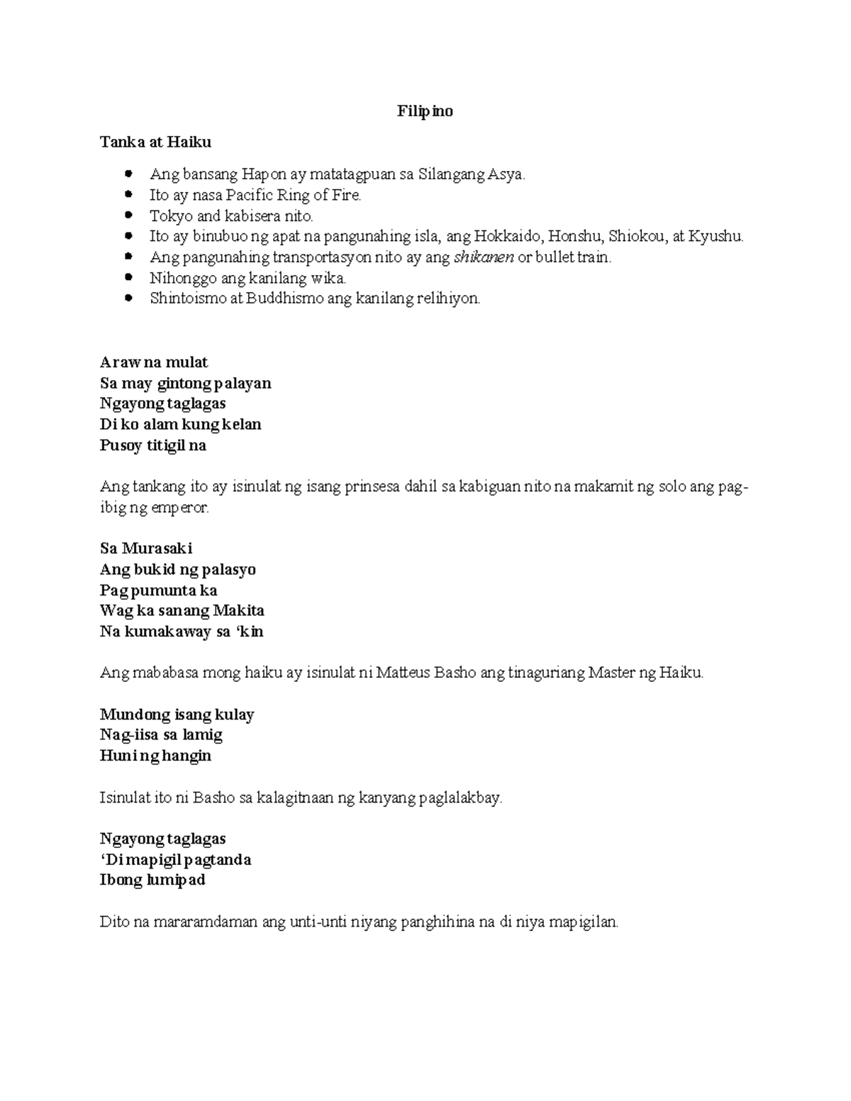 Filipino Tanka at Haiku: Cultural Insight and Poetry Examples - Studocu