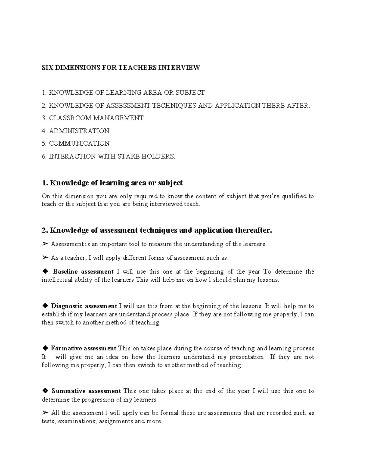 SIX DIMENSIONS FOR TEACHERS INTERVIEW: A Comprehensive Guide - Studocu