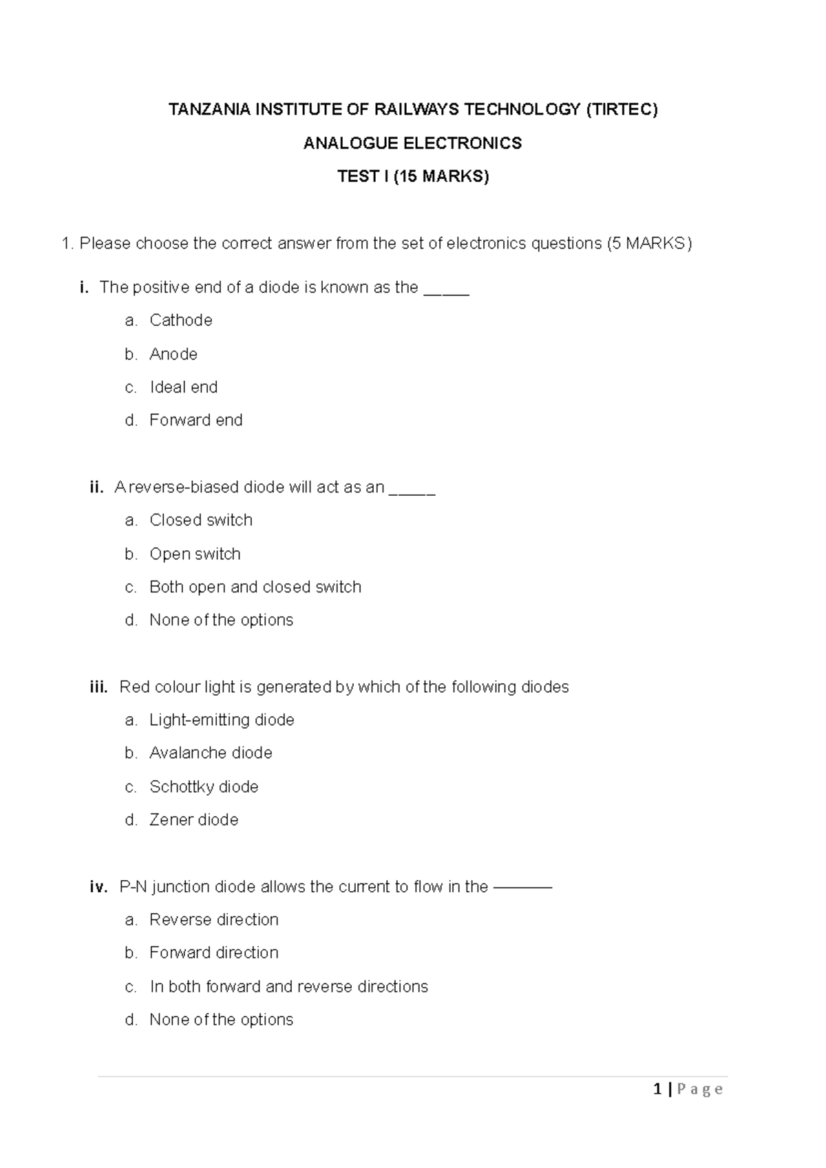 TIRTEC Analogue Electronics Test I: Multiple Choice Questions - Studocu