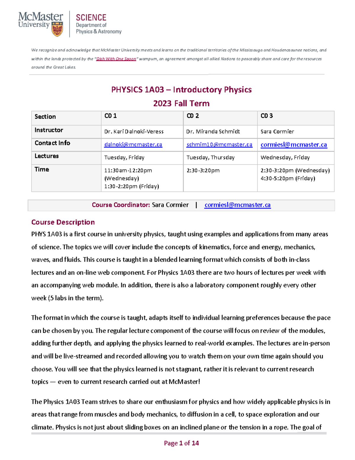 PHYS 1A03 Course Outline: Introductory Physics Fall 2023 - Studocu