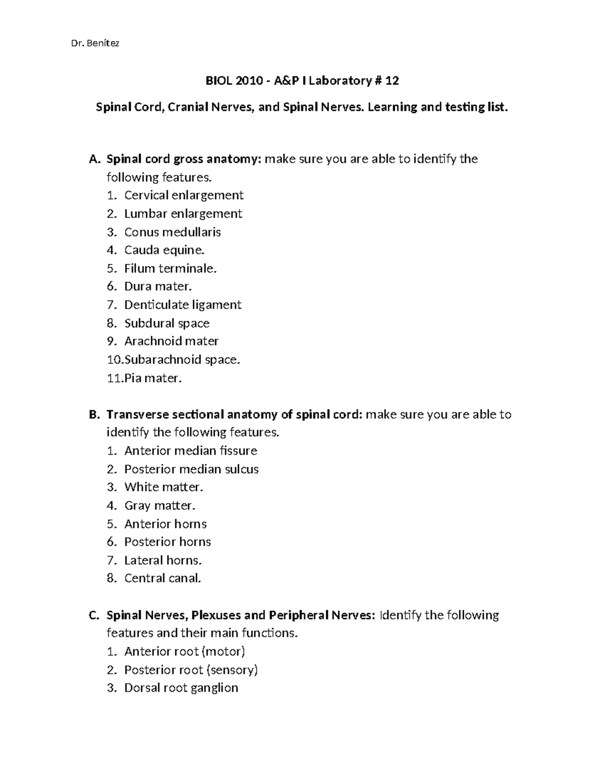 BIOL 2010 - A&P I Lab #12: Spinal Cord & Cranial Nerves Overview - Dr ...