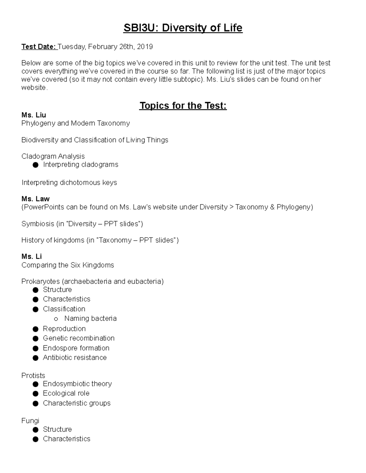 SBI3U Final Exam Review: Key Topics in Diversity of Life - Studocu