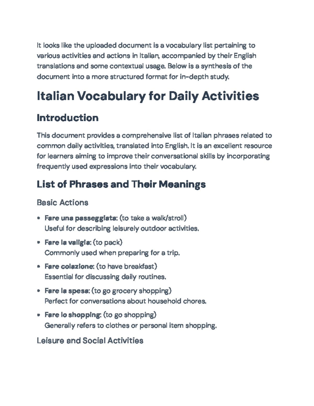 Italian Vocabulary for Daily Activities: Essential Phrases Guide - Studocu
