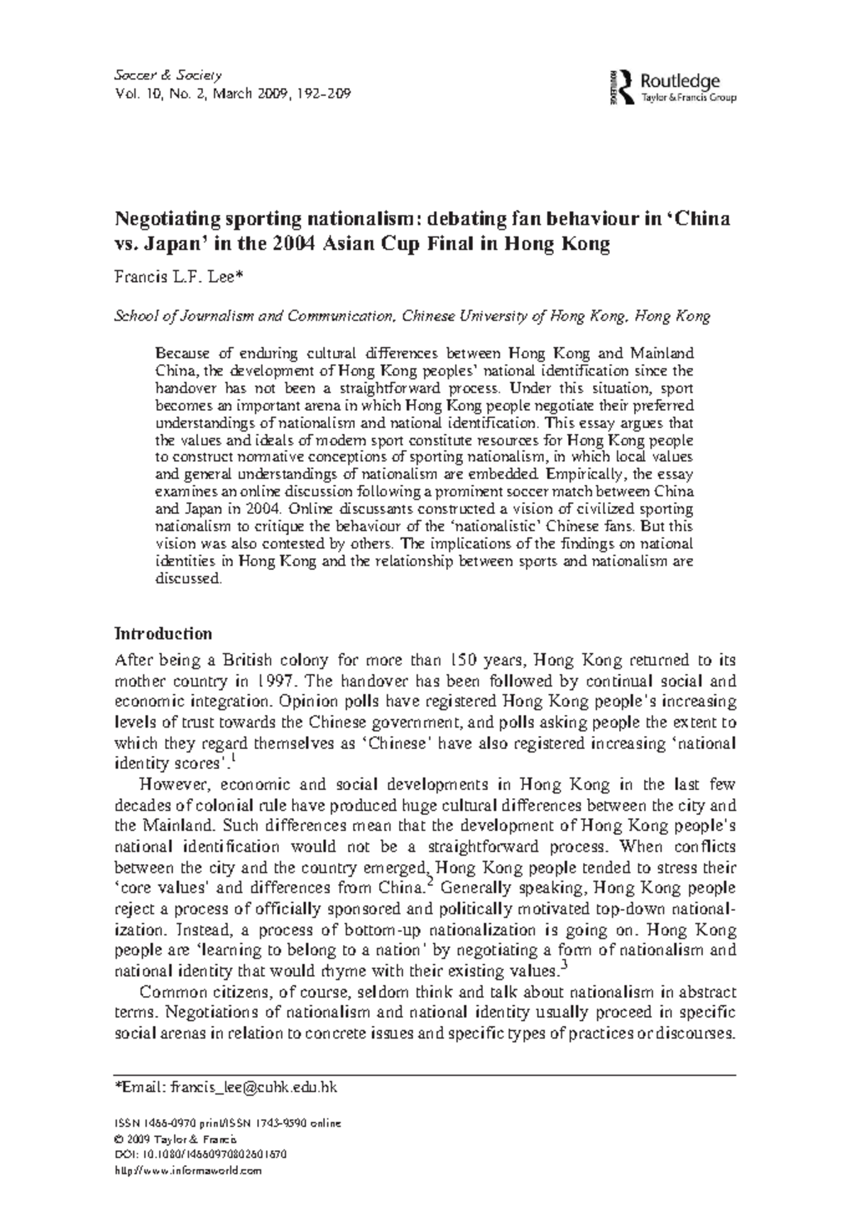 FSAS_A_360335: Negotiating Sporting Nationalism in Hong Kong's Soccer ...