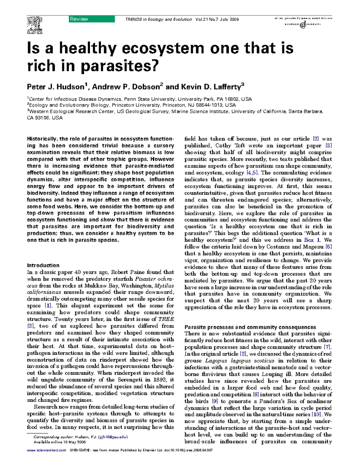Healthy Ecosystems and the Role of Parasites: Insights from Ecology ...