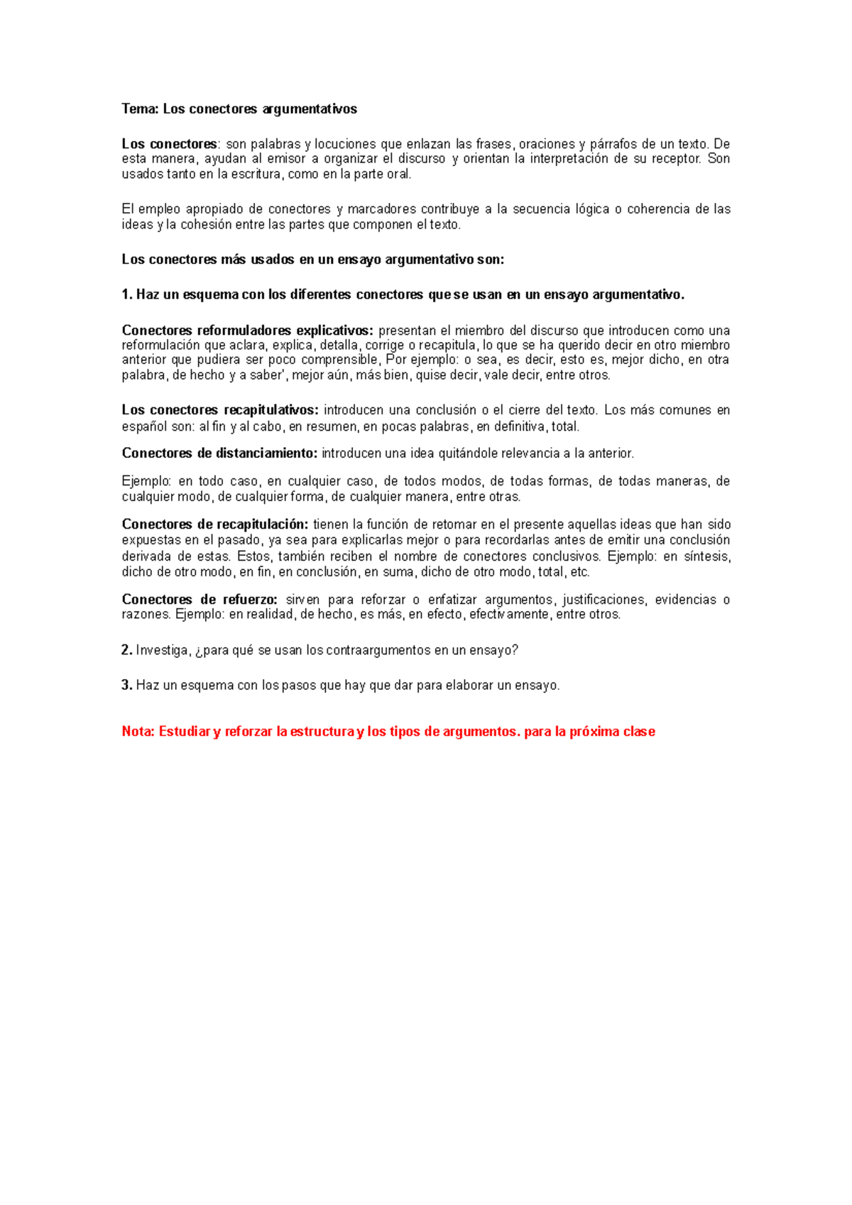 Los conectores usados en el ensayo - Tema: Los conectores ...