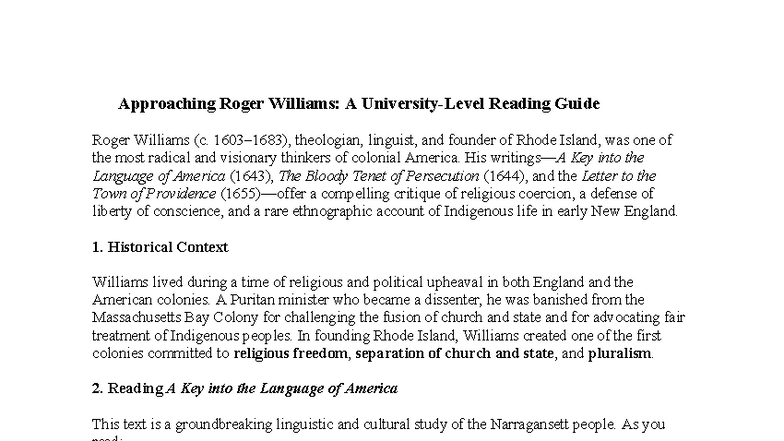📘 Roger Williams: A Reading Guide on His Visionary Works - Studocu