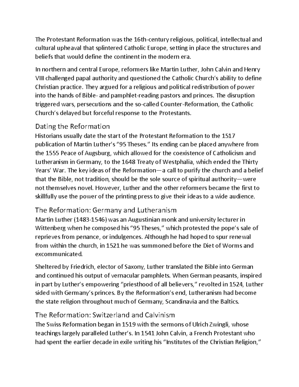 Course Notes on the Protestant Reformation: Key Events & Figures - Studocu