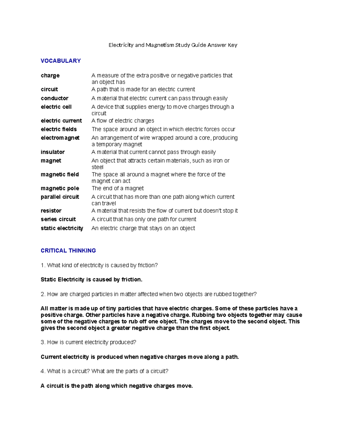 Electricity and Magnetism Study Guide Answer Key (SCI101) - Studocu