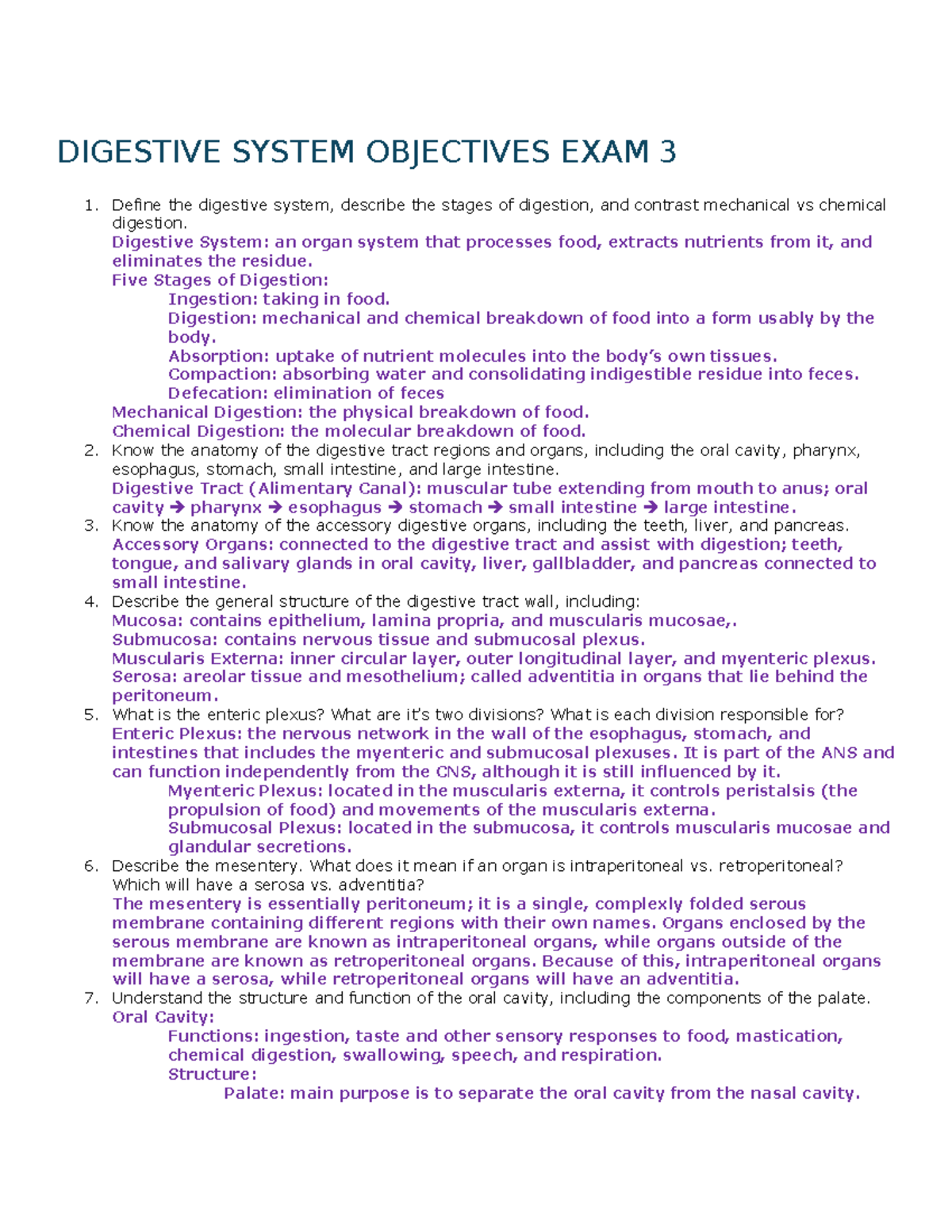 BIO 202 Exam 3 Digestive System Objectives and Key Concepts - Studocu