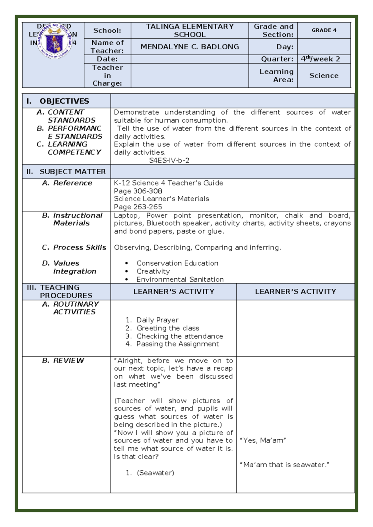 Detailed Lesson Plan: Science 4 (Quarter 4, Week 2) - Studocu