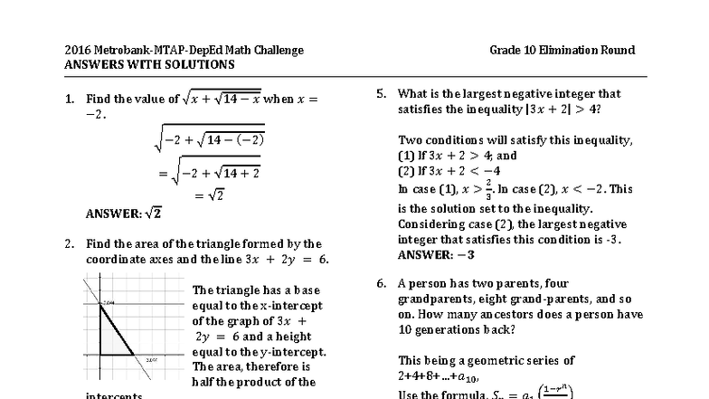 2016 Math Challenge Grade 10 Elimination Round: Answers & Solutions ...