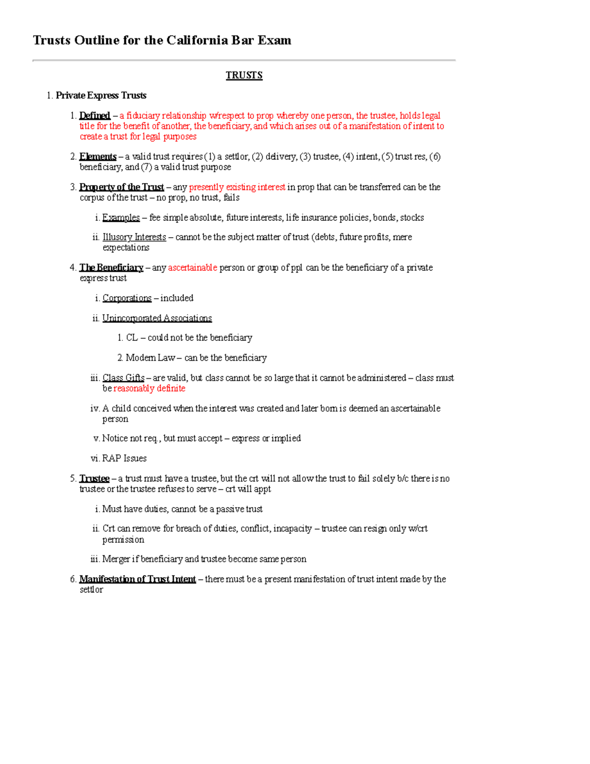 Trusts Outline for UBE: Essential Concepts and Requirements - Studocu