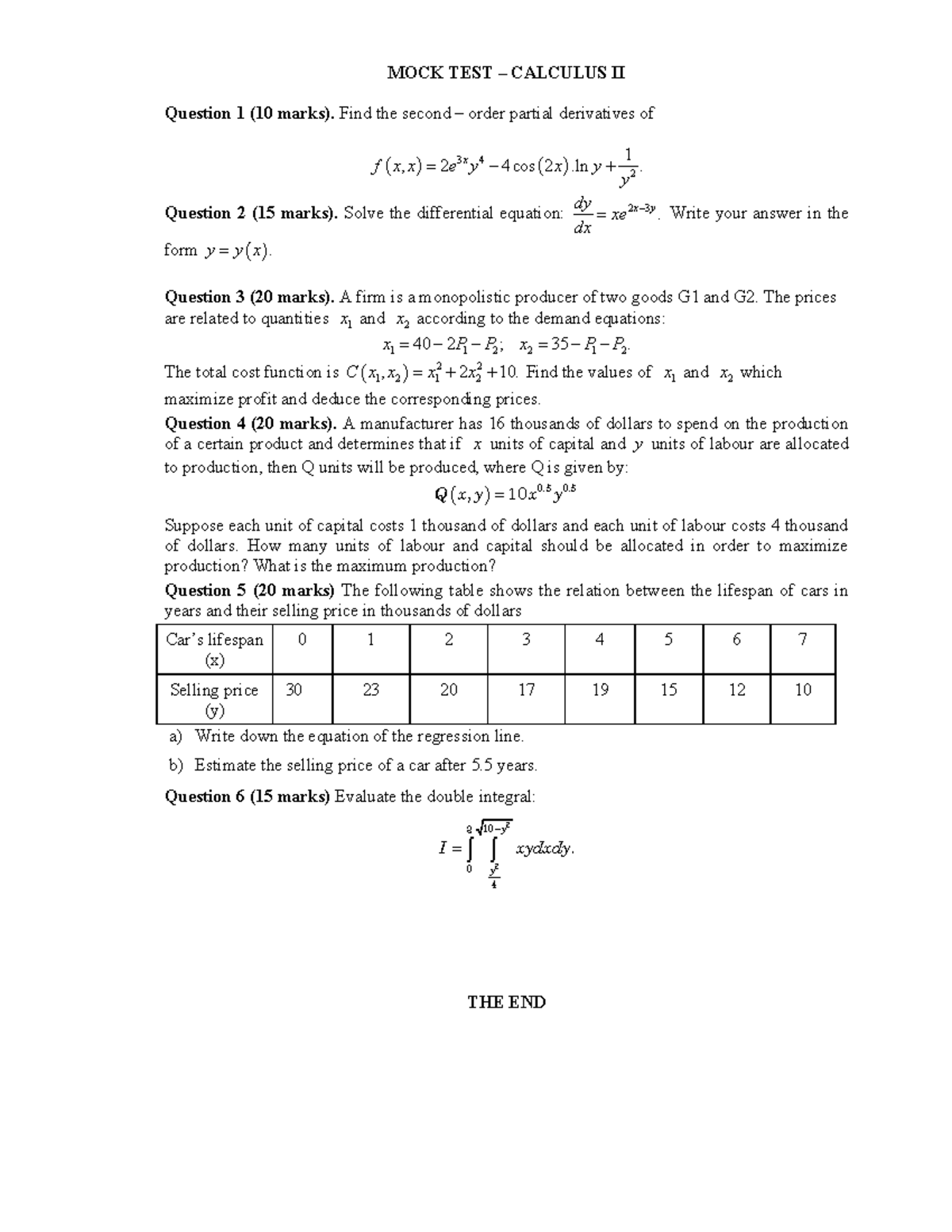 Mock test Calculus II - bài tập ôn - MOCK TEST – CALCULUS II Question 1 ...