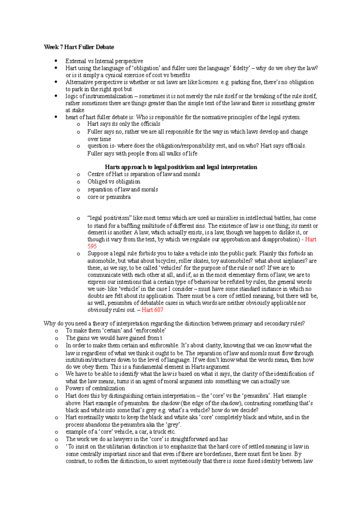 Legal theory notes - Week 7 Hart Fuller Debate External vs Internal ...
