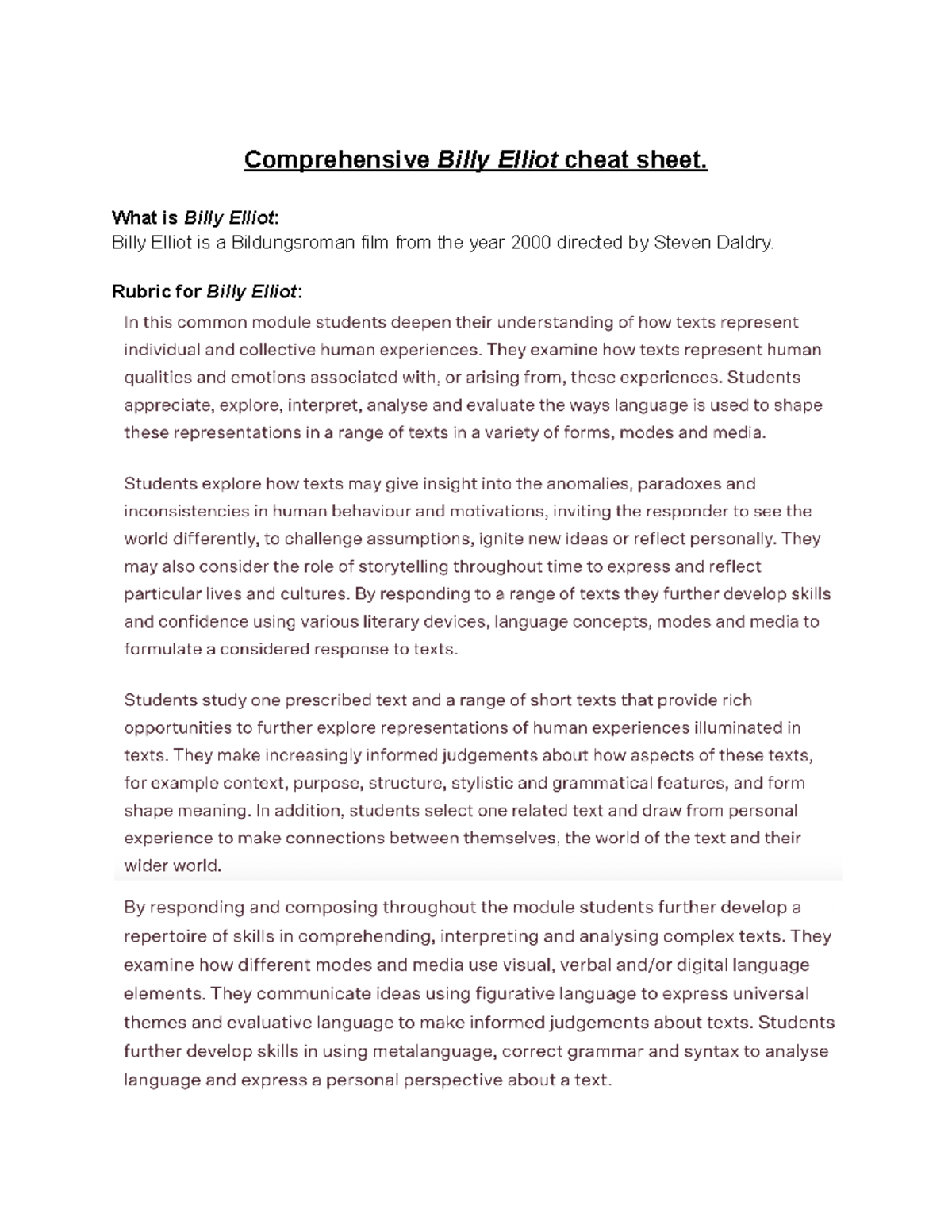 Billy Elliot (2000) Cheat Sheet: Themes, Context, and Analysis - Studocu