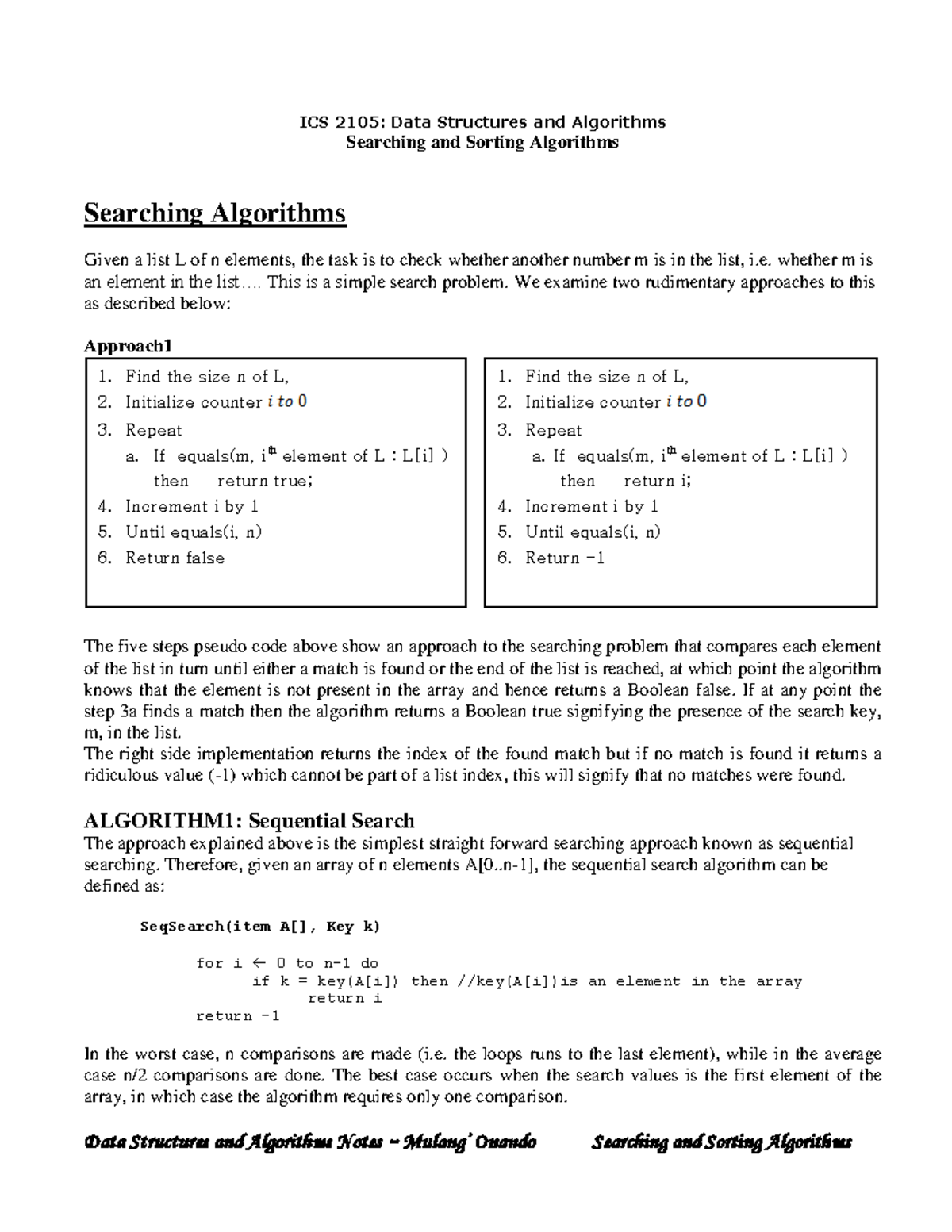 ICS 2105 Lecture 5: Searching and Sorting Algorithms Overview - Studocu
