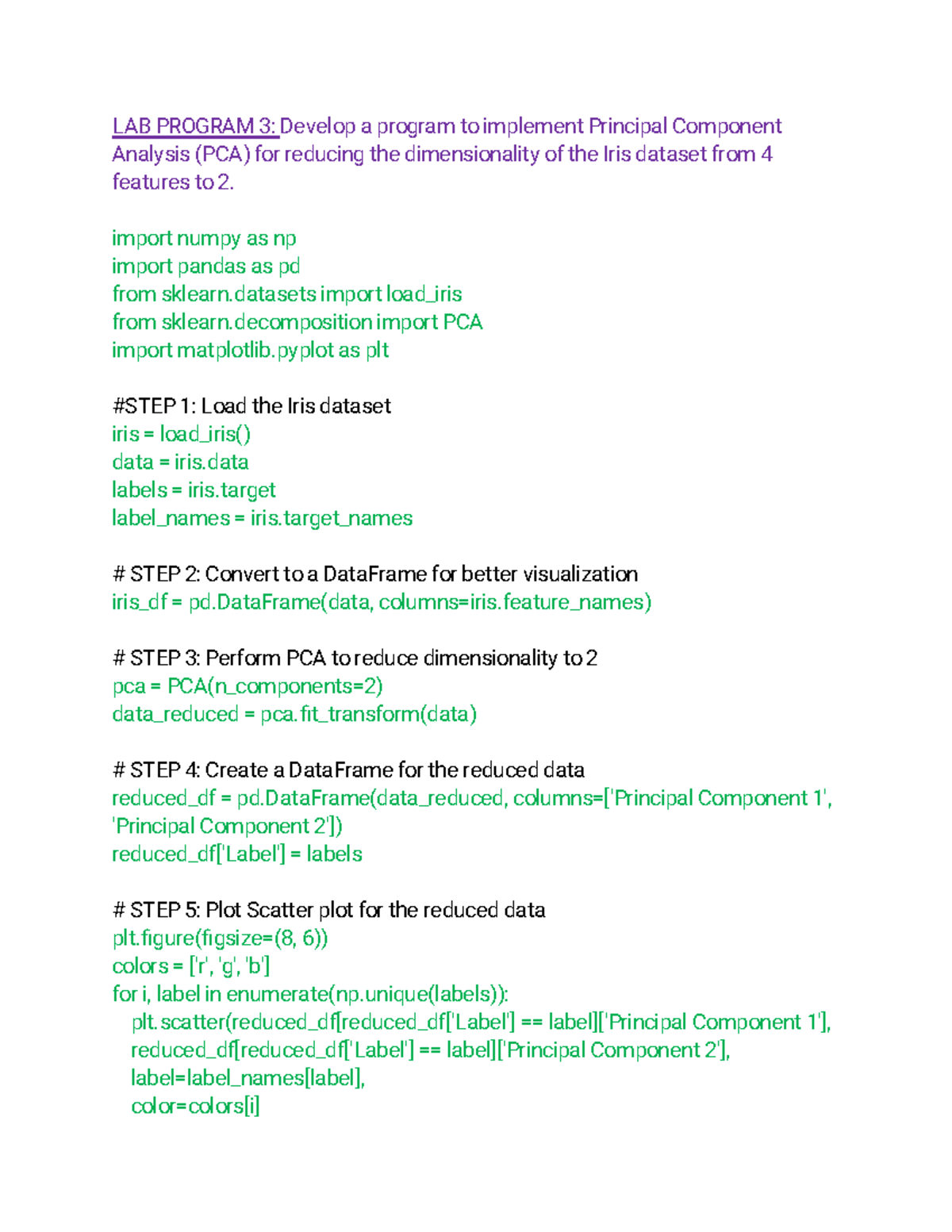 LAB PROGRAM 3: PCA Implementation on Iris Dataset - Studocu