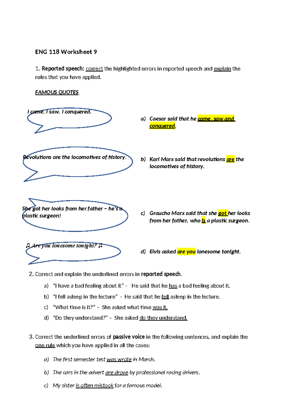 ENG 118 Worksheet 9 - Reported Speech & Passive Voice Corrections - Studocu