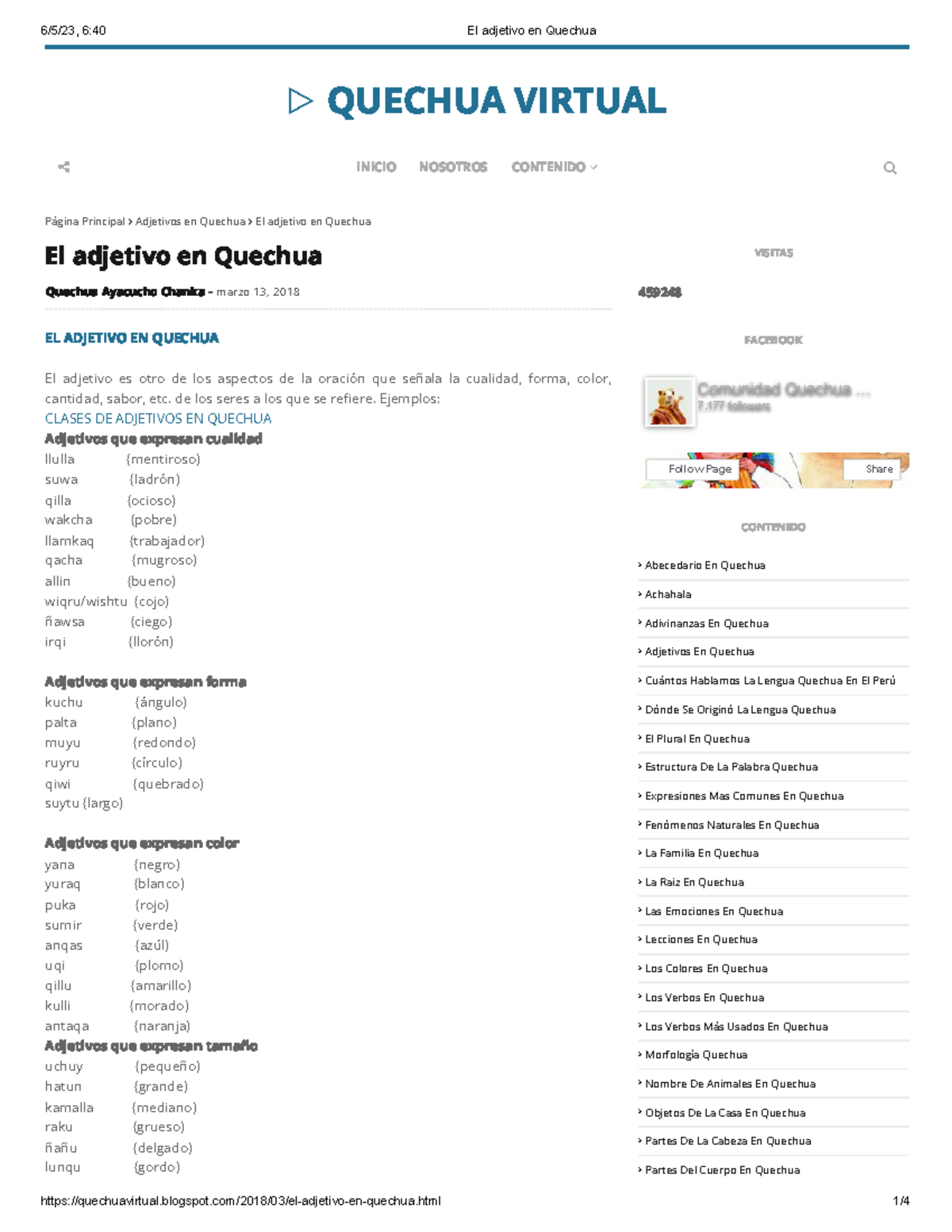 QUECHUA 6:40 - Clases y Ejemplos de Adjetivos en Quechua - Studocu