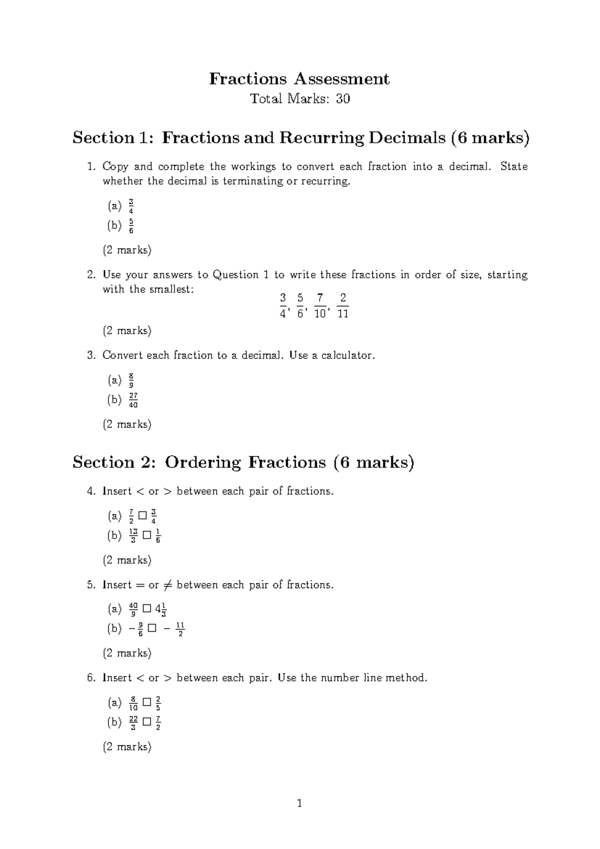 7th Grade Fractions Assessment: Total Marks 30 - Studocu
