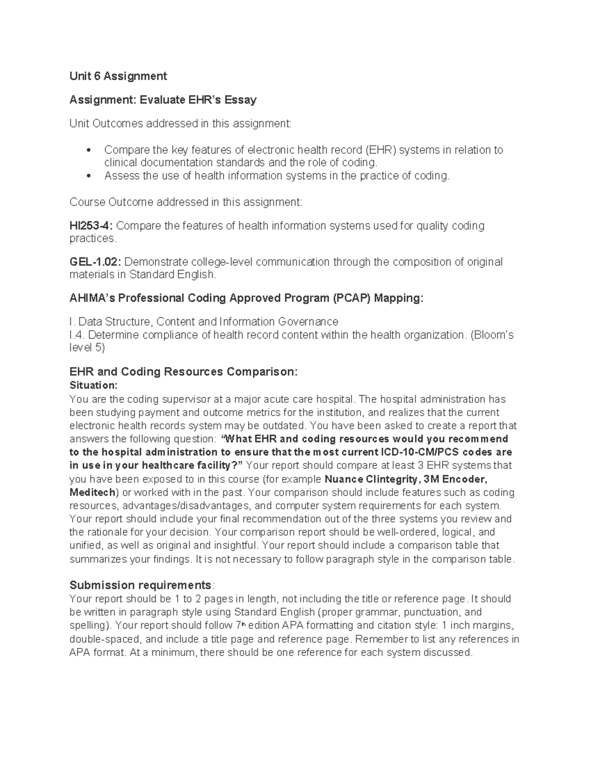 Unit 6 Assignment: EHR Systems Comparison for Coding Practices - Studocu