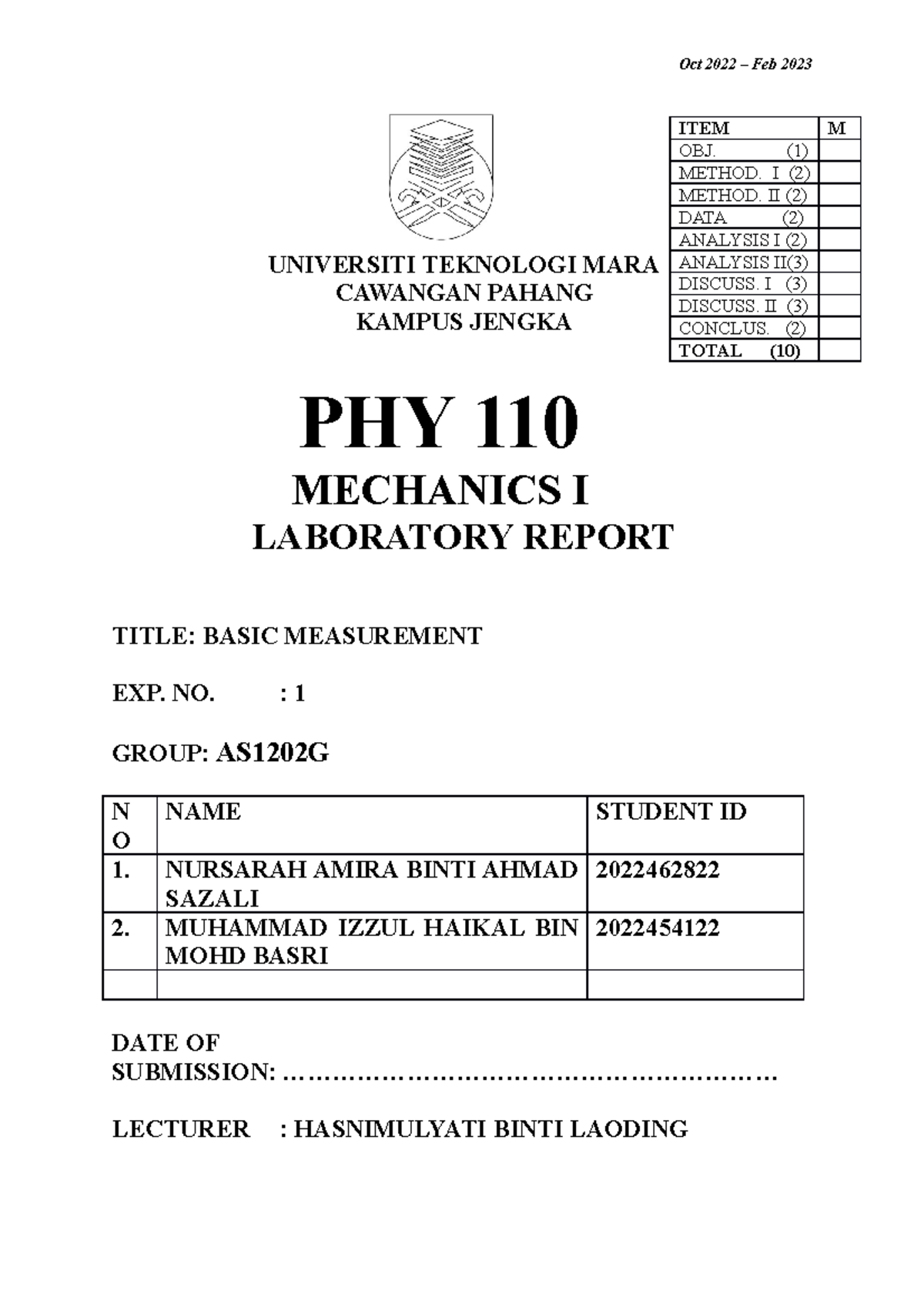 PHY 110 Lab Report: Experiment 1 - Basic Measurement Techniques - Studocu