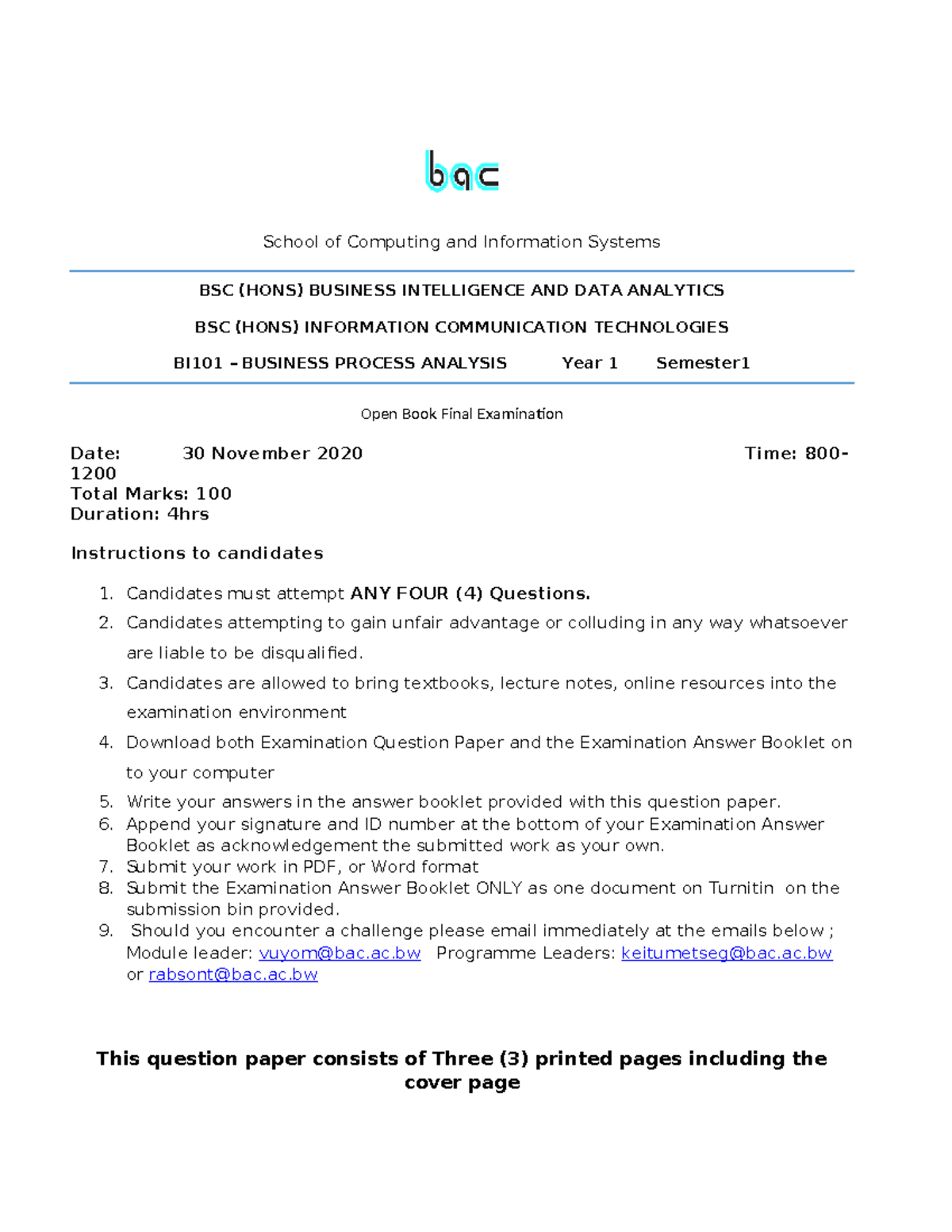 BI101 Business Process Analysis Final Exam Questions - Nov 2020 - Studocu