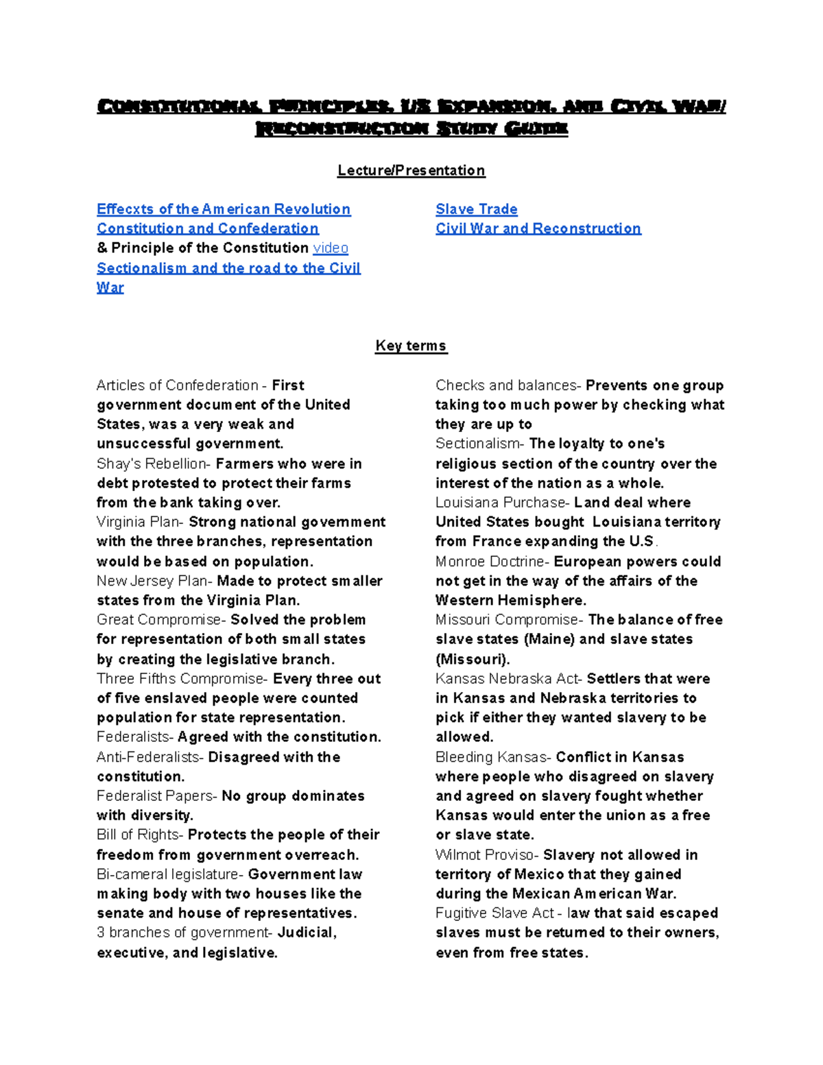 Constitutional Principles and Reconstruction Study Guide (US History ...
