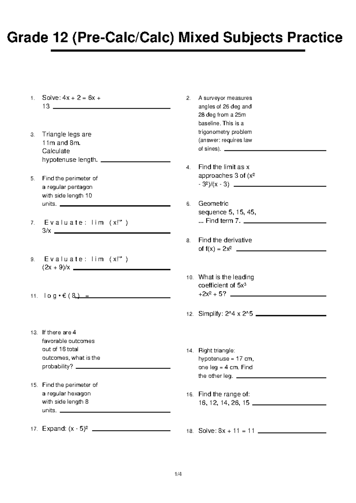 Grade 12 Math Practice 5: Mixed Problems and Solutions - Studocu