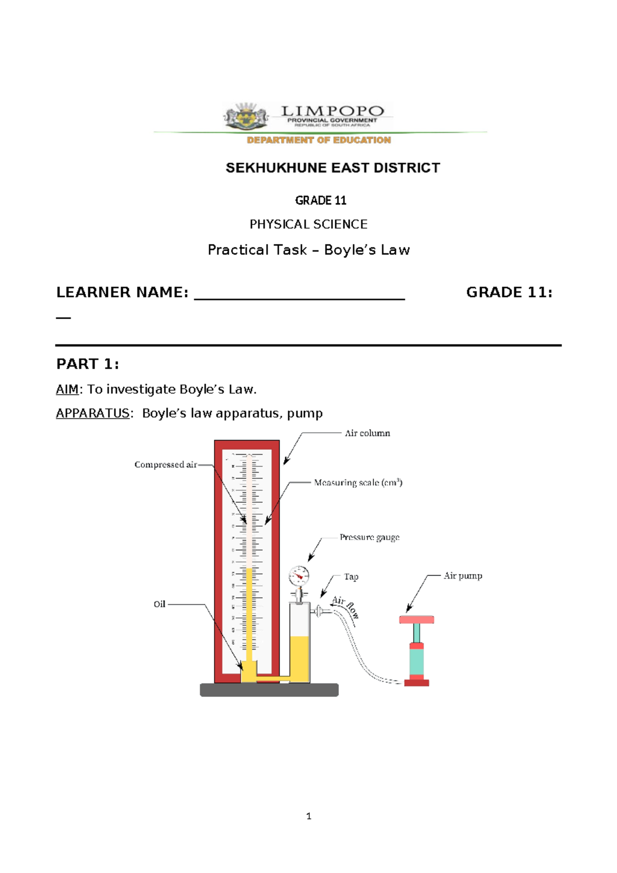 Grade 11: Boyle's Law Practical Experiment Analysis & Results - Studocu