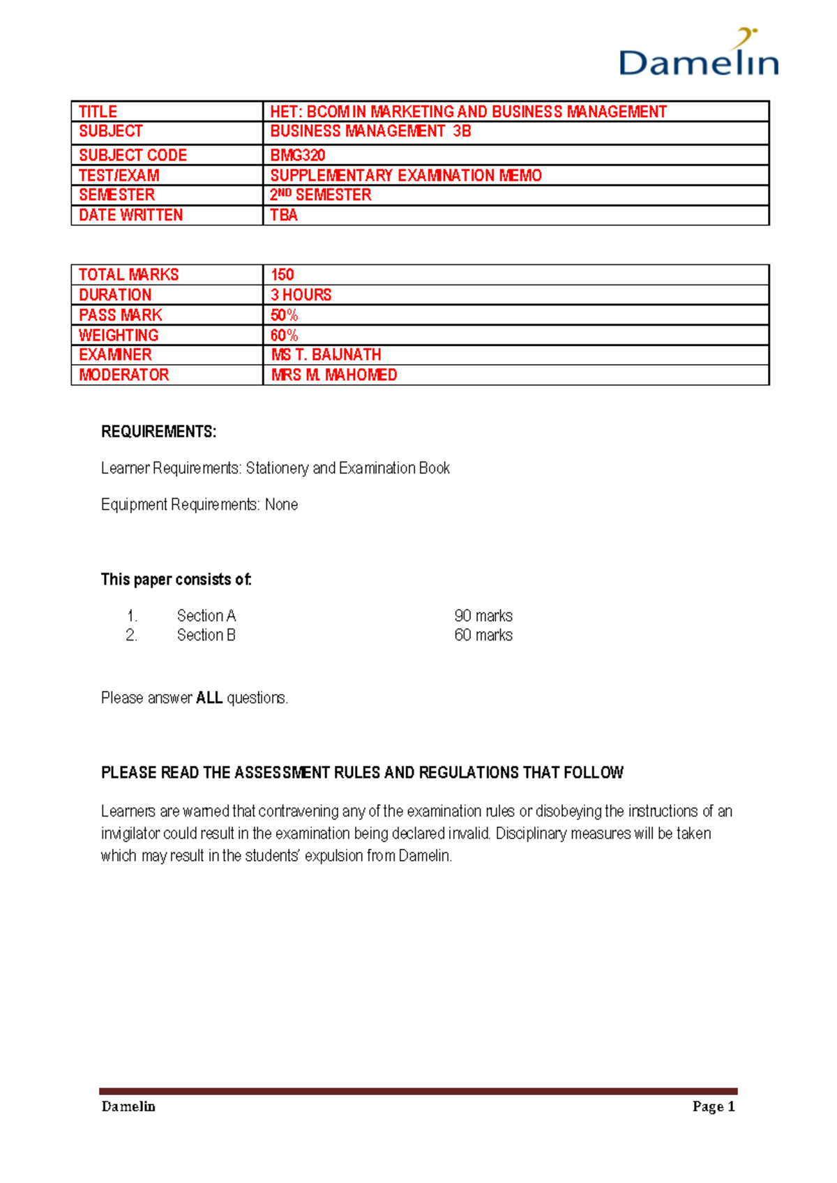 Business Management 3B Supplementary Exam Memo 2023 Guide - Studocu