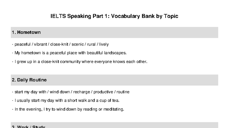 IELTS Speaking Vocabulary Bank: Part 1 Topics & Tips - Studocu