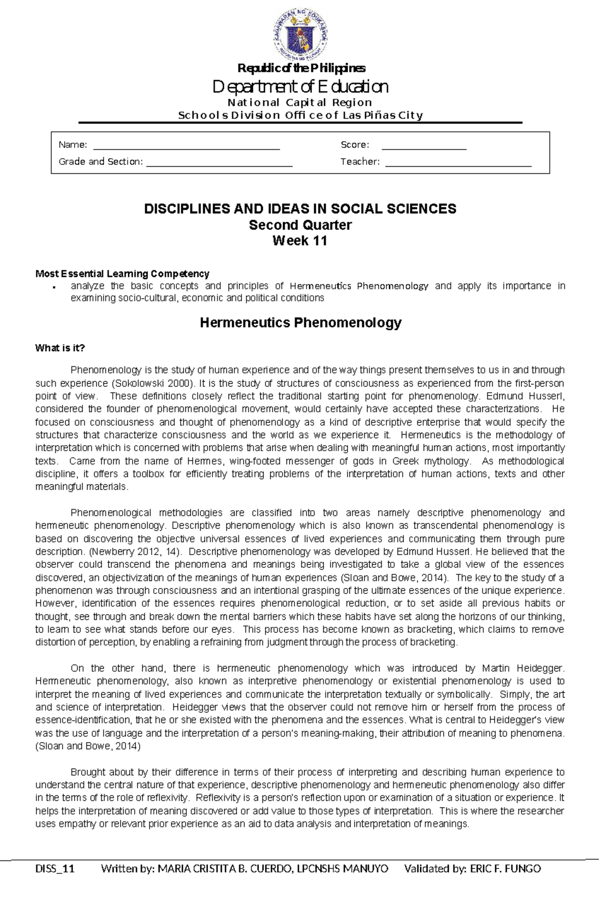 Grade 11 DISS Module 11: Hermeneutics & Phenomenology Insights - Studocu