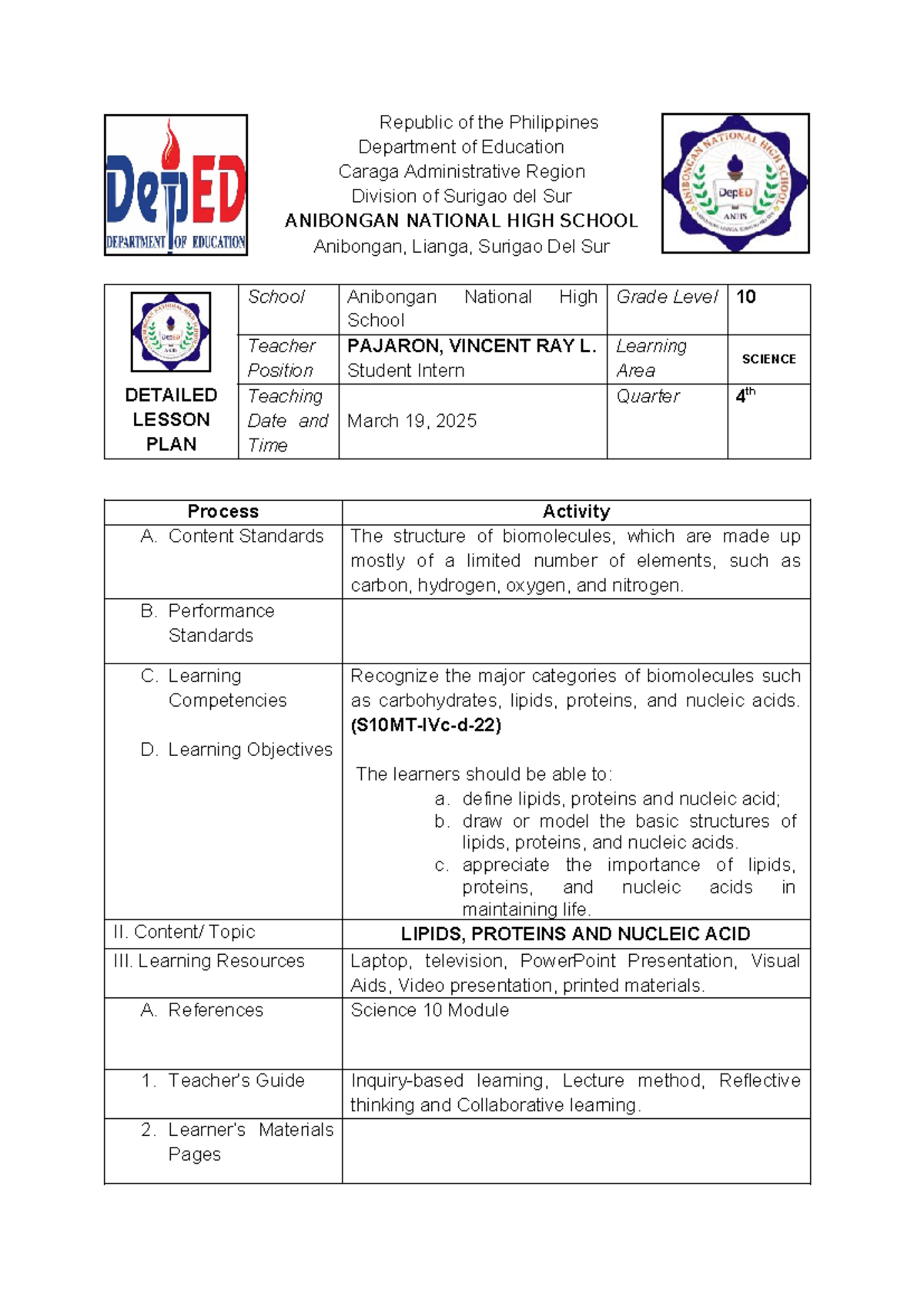 Lipids, Proteins and Nucleic Acid Lesson Plan - Republic of the ...