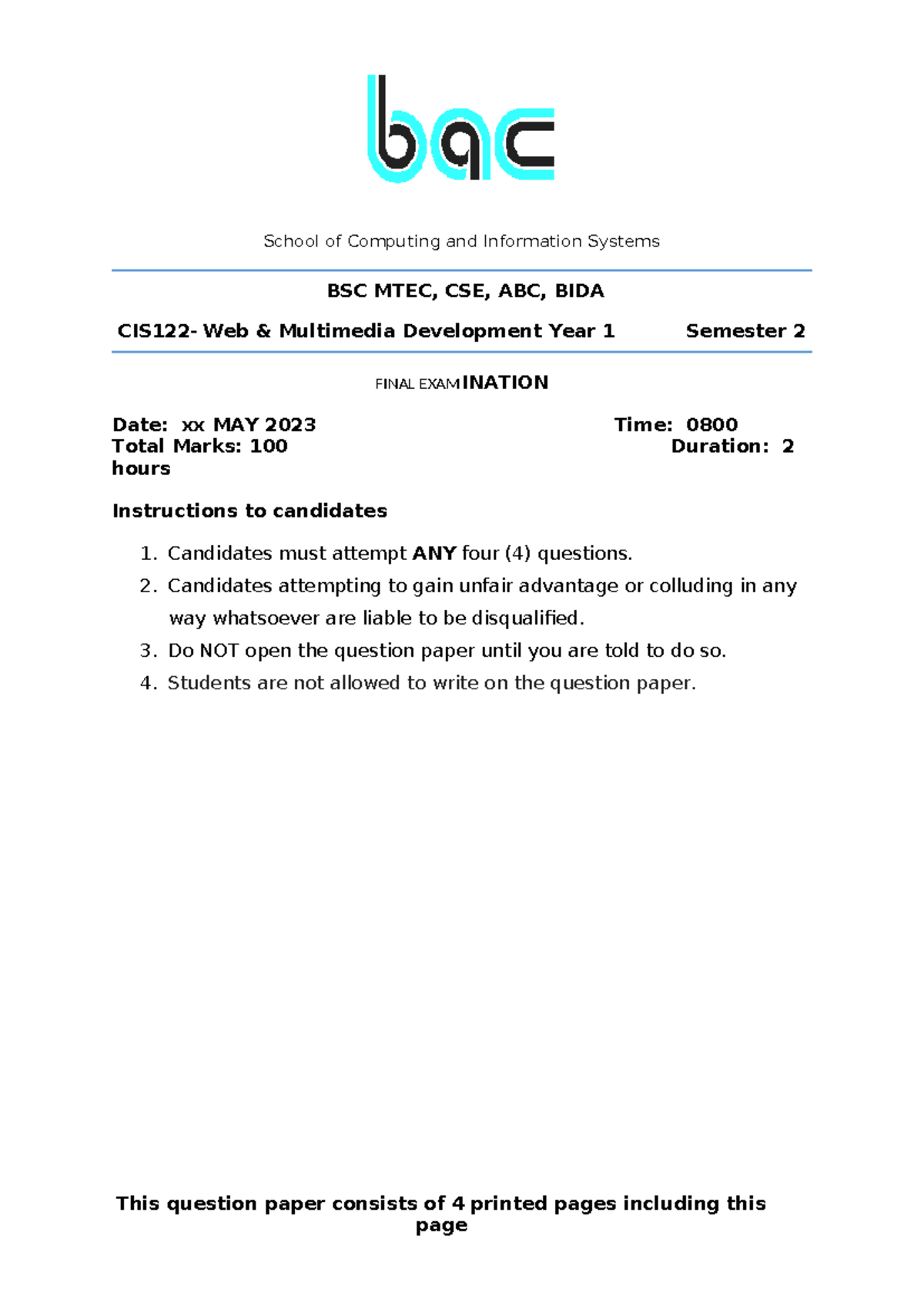 BSC MTEC, CSE, ABC, BIDA Web Multimedia Dev Year 1 Sem 2 Final Exam - May 2023 - Studocu