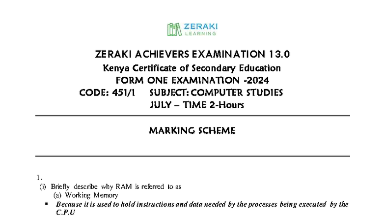 Computer Studies - Form One Examination Marking Scheme (KCSE) - Studocu