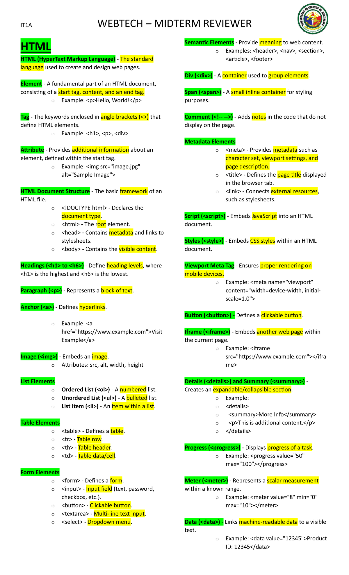 WEBTECH MIDTERM REVIEWER IT1A: Comprehensive HTML Study Guide - Studocu
