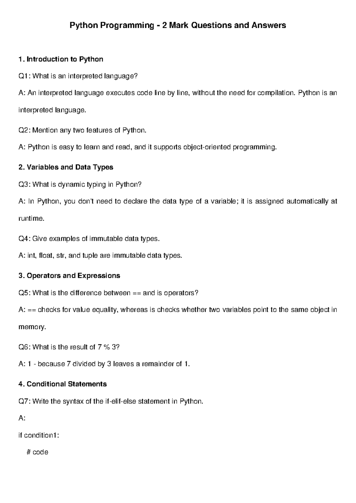 Python 2 Marks Q&A: Key Concepts & Examples for Quick Review - Studocu