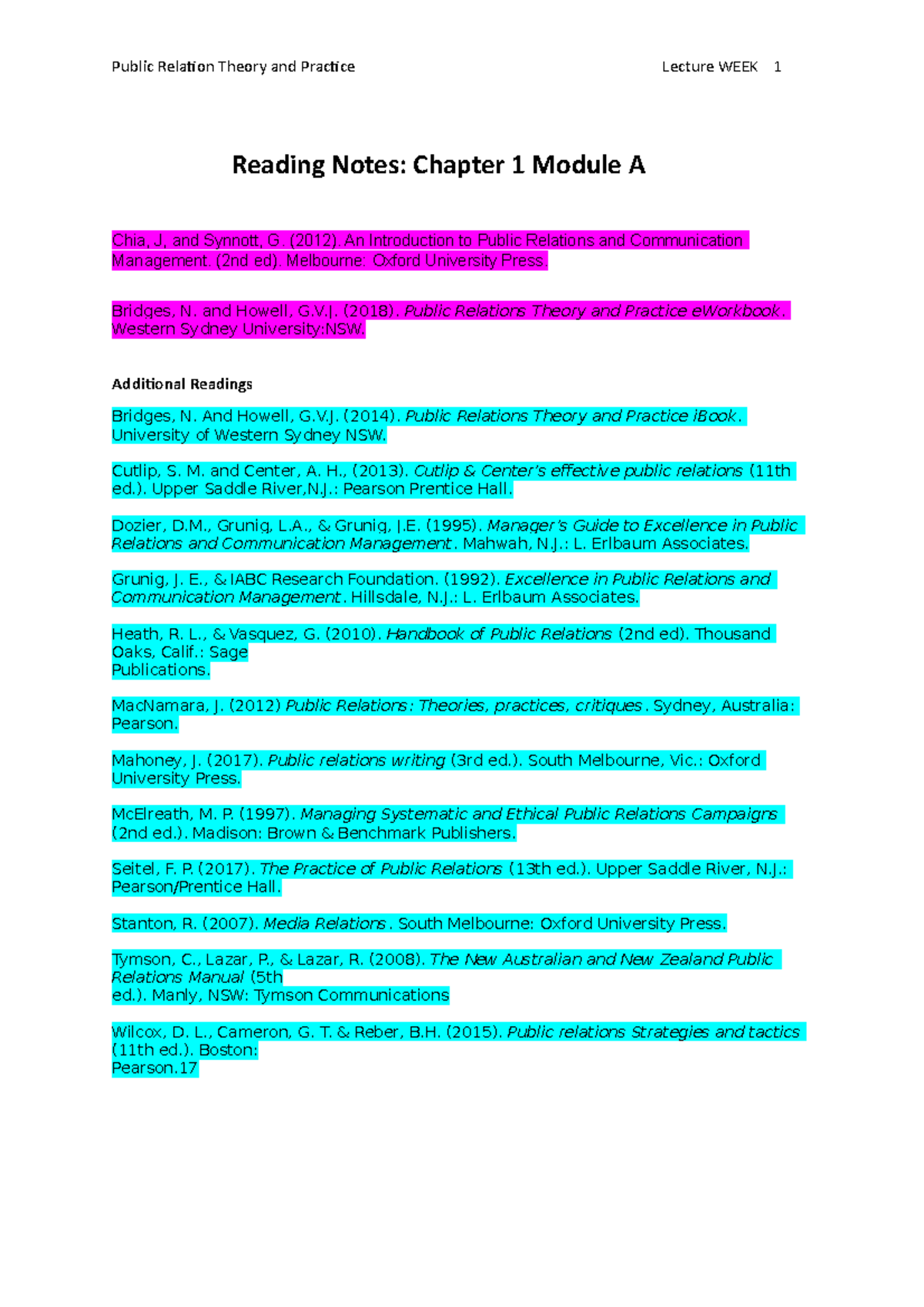 Reading Notes for WEEK 1 - Reading Notes: Chapter 1 Module A Chia, J ...