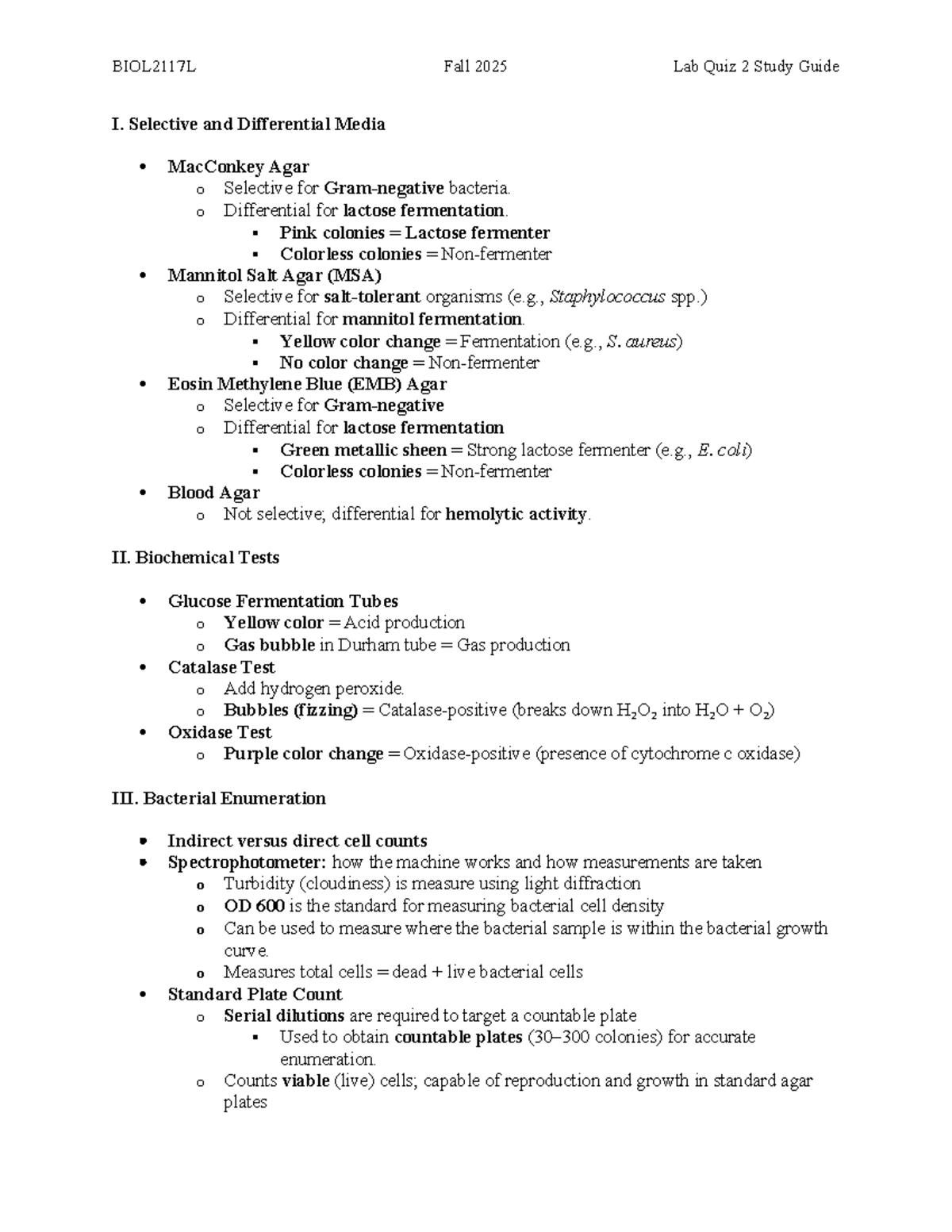 BIOL2117L Fall 2025 Lab Quiz 2 Study Guide: Media & Biochemical Tests ...