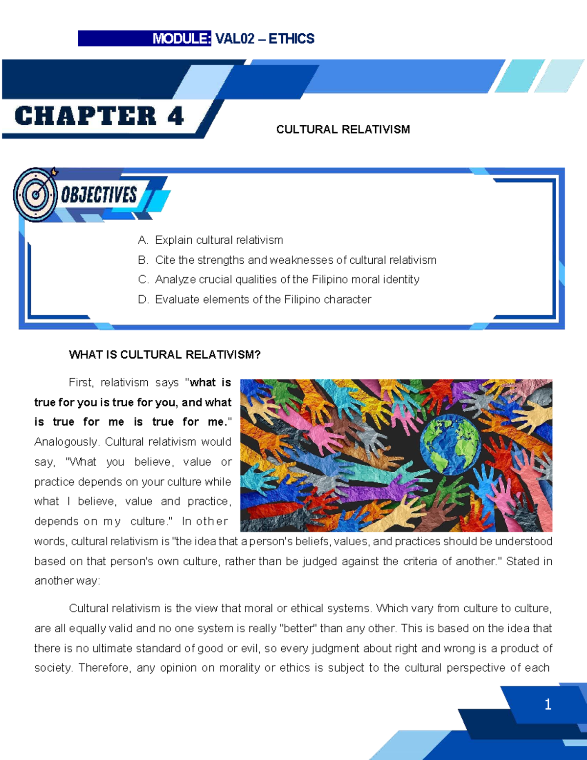 MODULE: VAL02 ETHICS - Understanding Cultural Relativism and Filipino Morality - Studocu