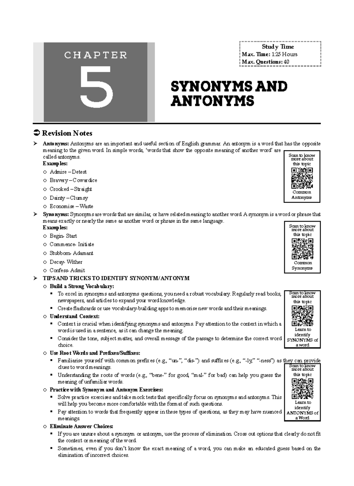 CHAPTER 5: Synonyms and Antonyms Revision Notes for Exam Prep - Studocu