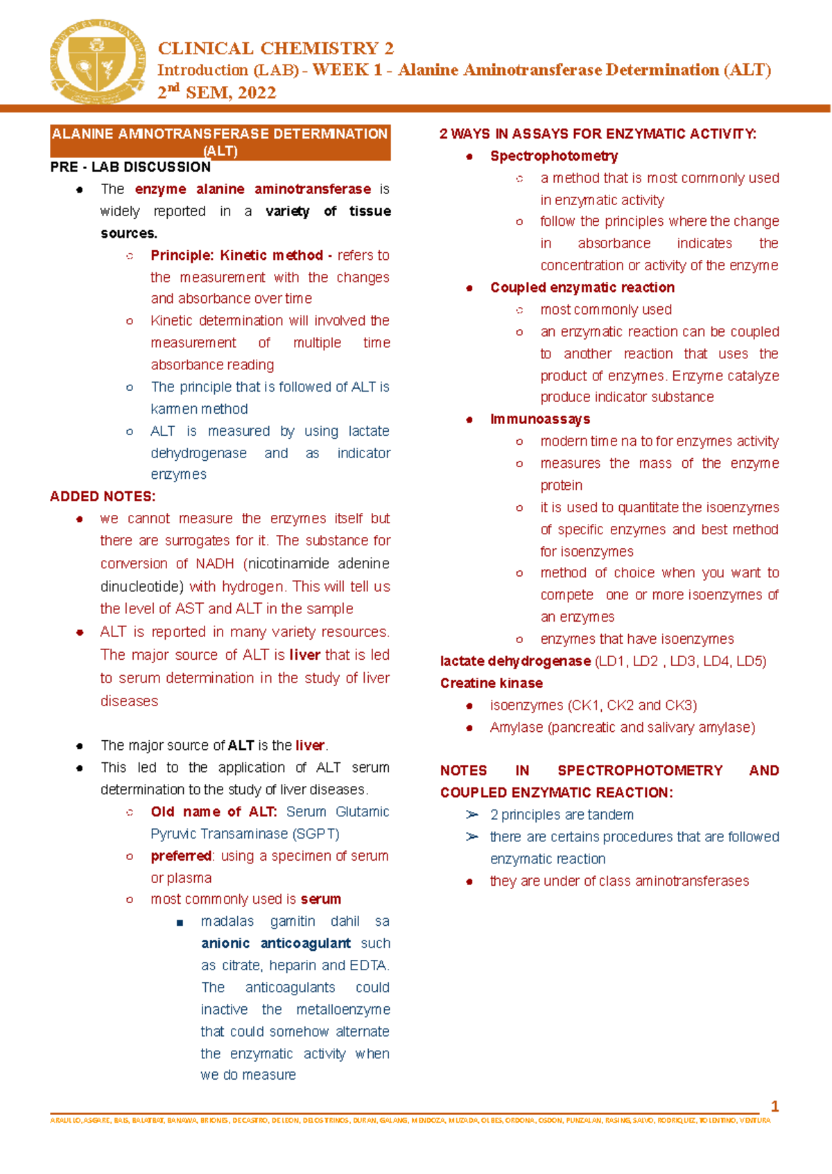 CC 2 LAB Prelims: Alanine Aminotransferase (ALT) Determination - Studocu