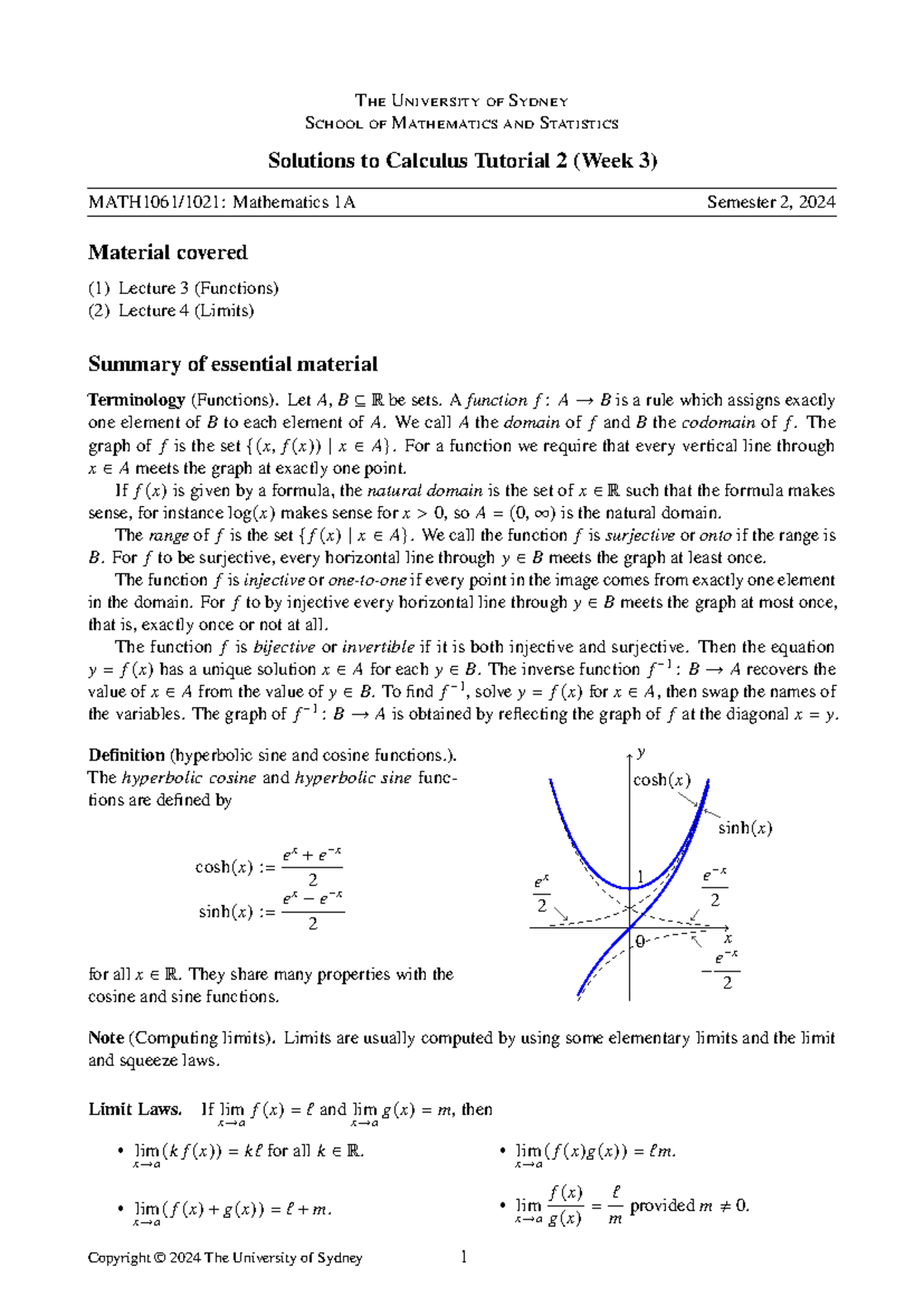 Mathematics 1A Semester 2, 2024: Solutions to Calculus Tutorial 2 (Week ...