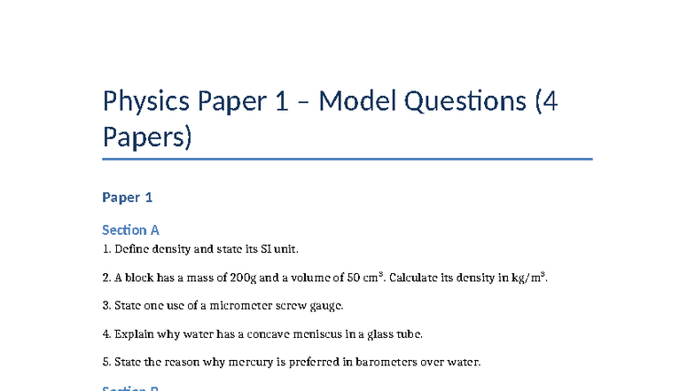 Physics PP1 Model Questions: Comprehensive Guide to Paper 1 - Studocu