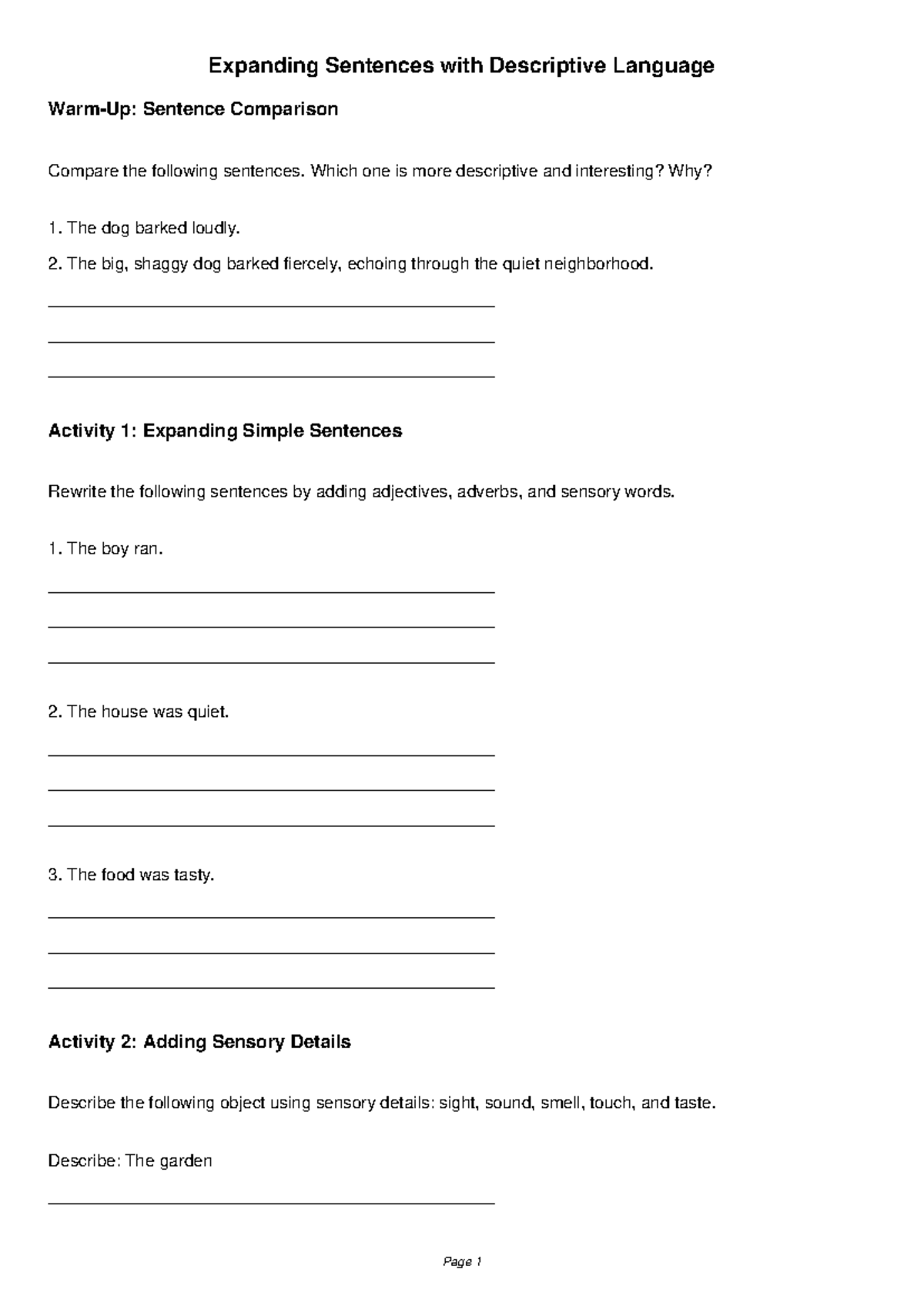 Lengua Expanding Sentences Worksheet: Descriptive Language Activities ...